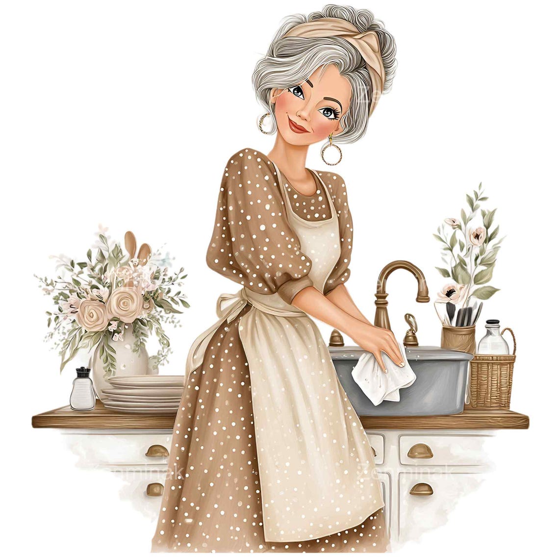 20 PNG Vintage Kitchen Lady Clipart – Grandma Washing Dishes PNG ...