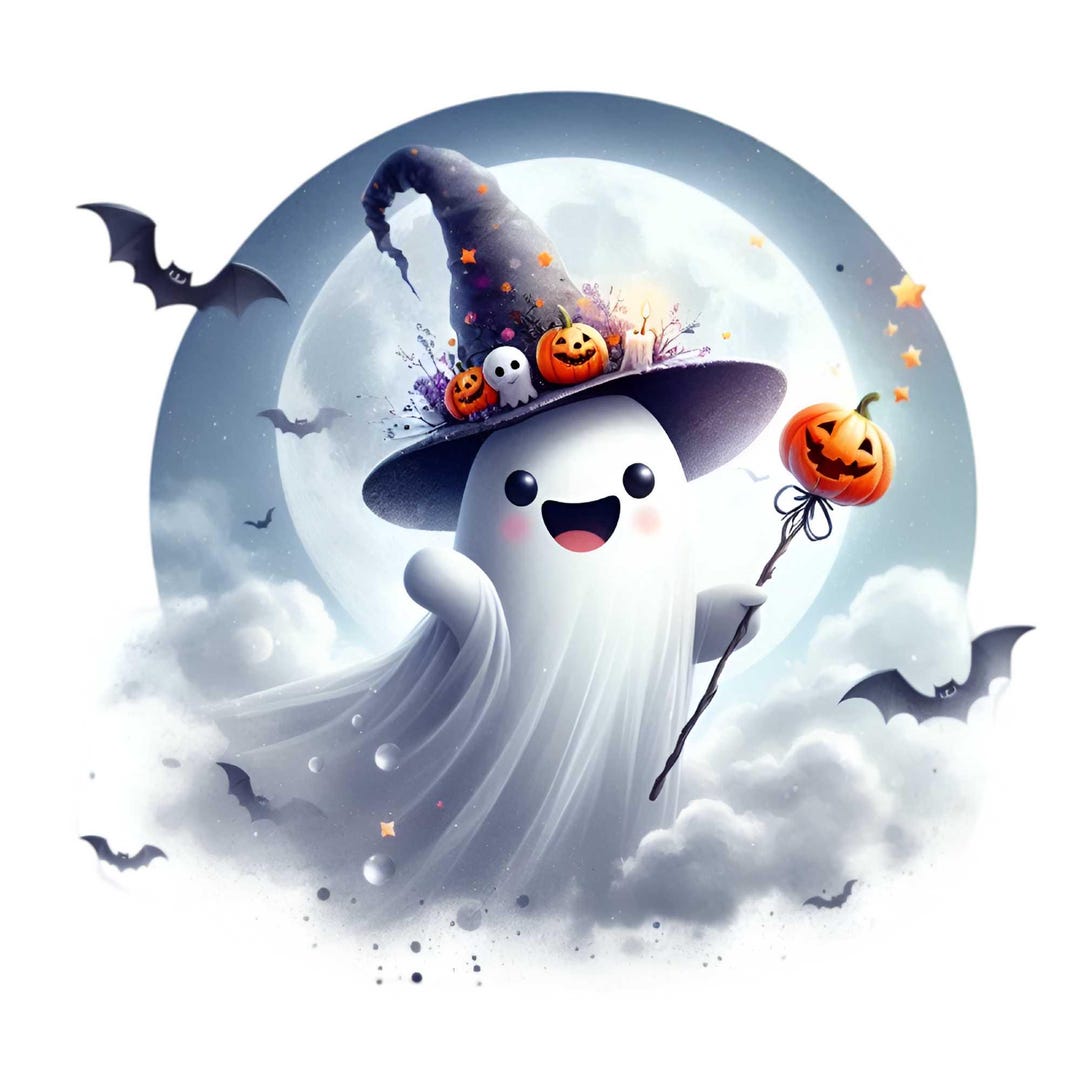 10 PNG Cute Halloween Ghost – PNG Clipart With Witch Hat and Moon ...