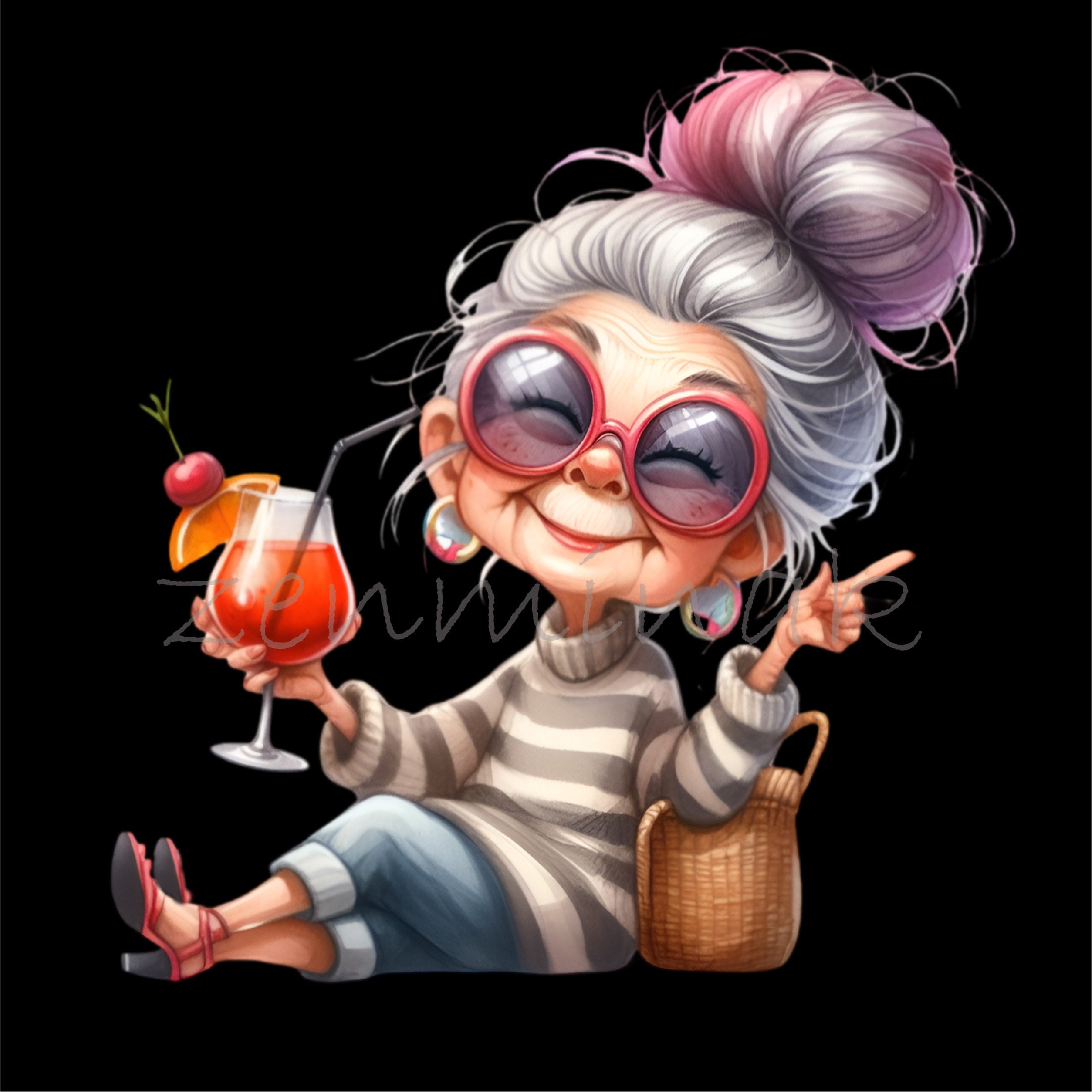 Funny Senior Lady Drinking Cocktail, Happy Grandma Clipart, 10 PNG ...