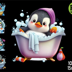 Cute Penguin Clipart Illustration PNG, Penguin Wash Bubble Bath ...