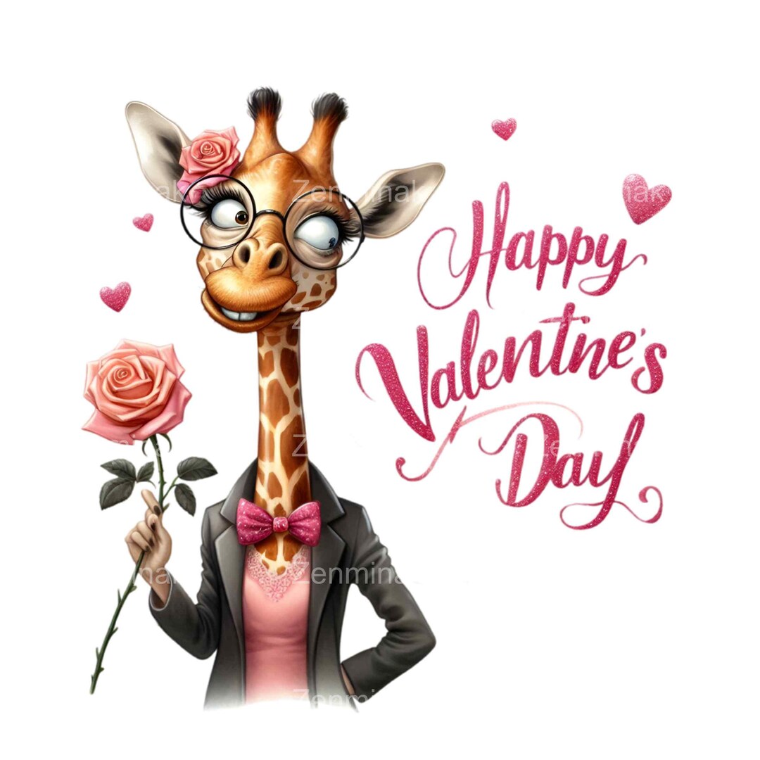 15 Valentine’s Day Giraffe PNG, Cute Giraffe With Rose and Glasses ...
