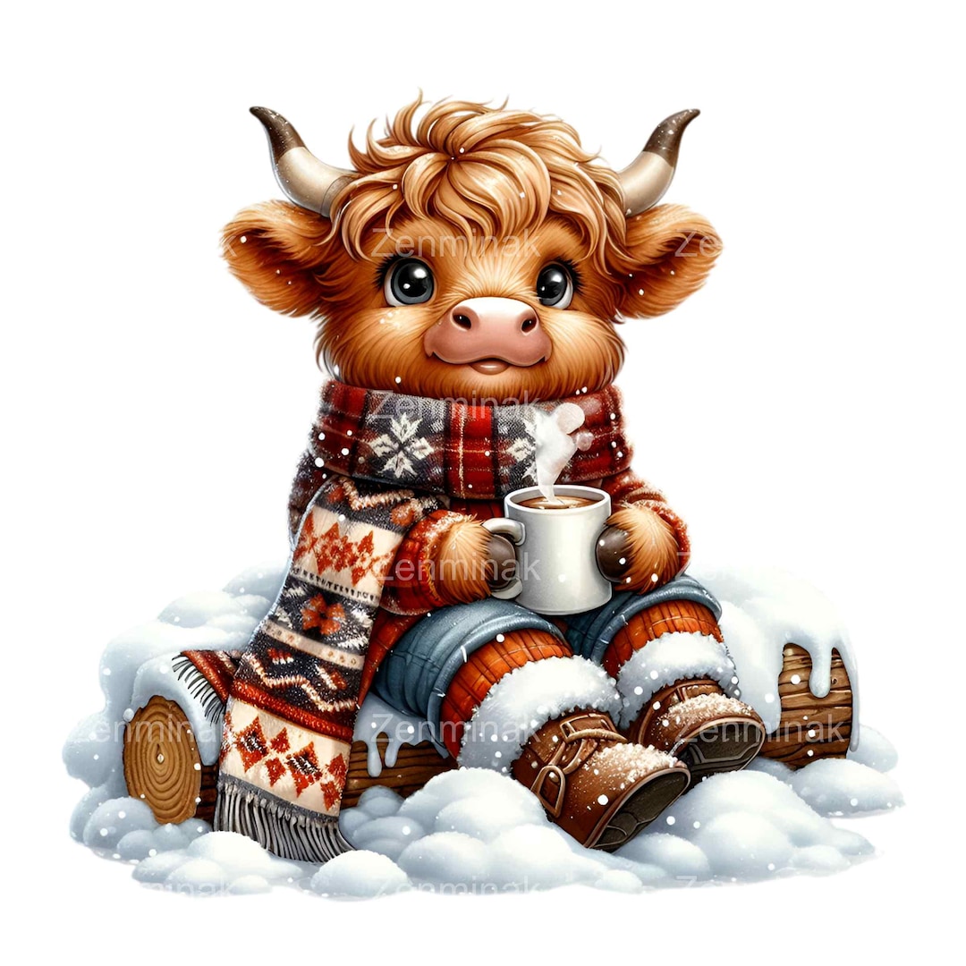 Winter Highland Cow Clipart PNG - 15 Cute Cow With Hot Cocoa, Festive ...