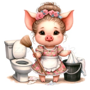 12 Pig Cleaning Bathroom Clip Art, Cute Animal in Floral Dress PNG ...