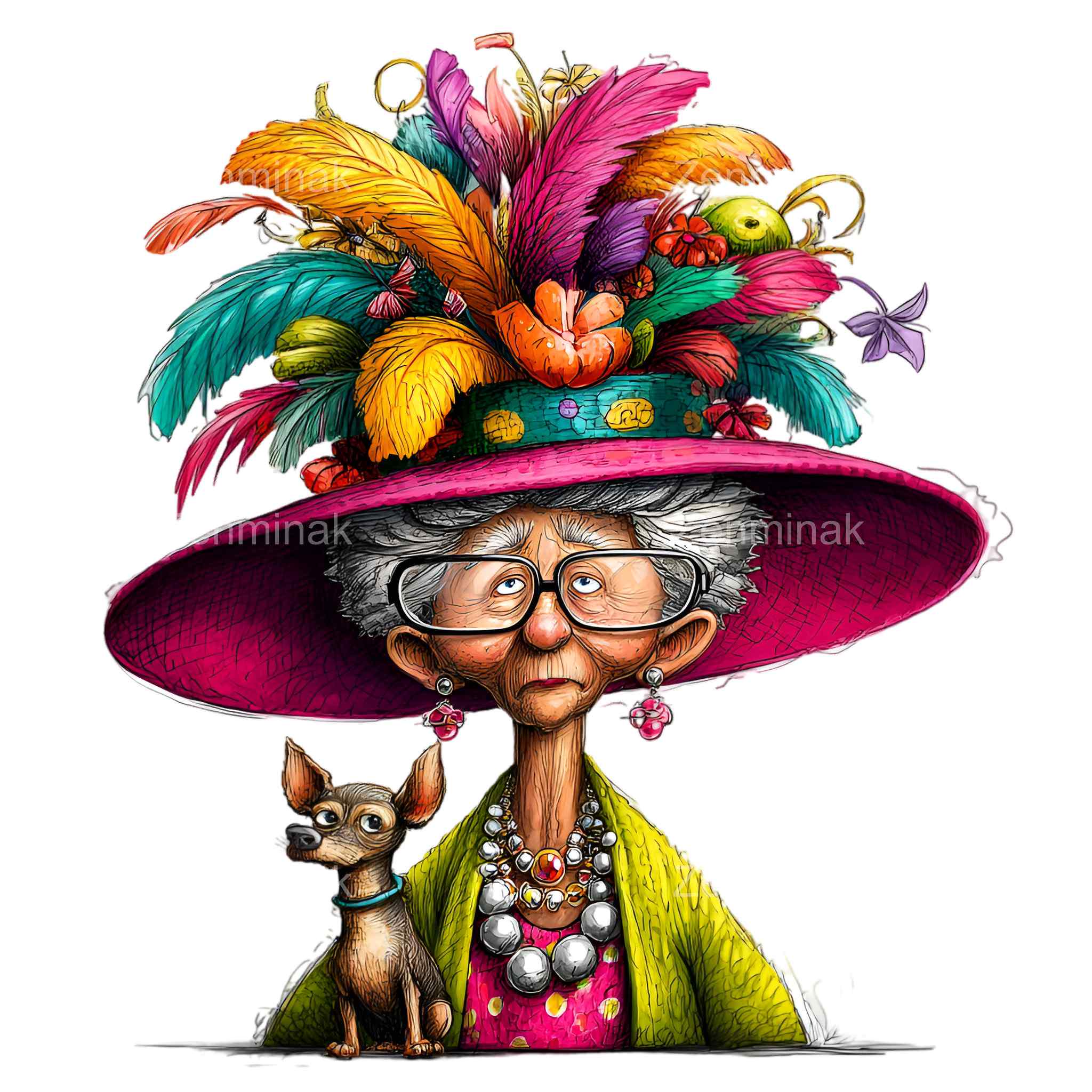 16 PNG Grumpy Lady Clipart – Funny Old Woman With Big Hat and Chihuahua ...