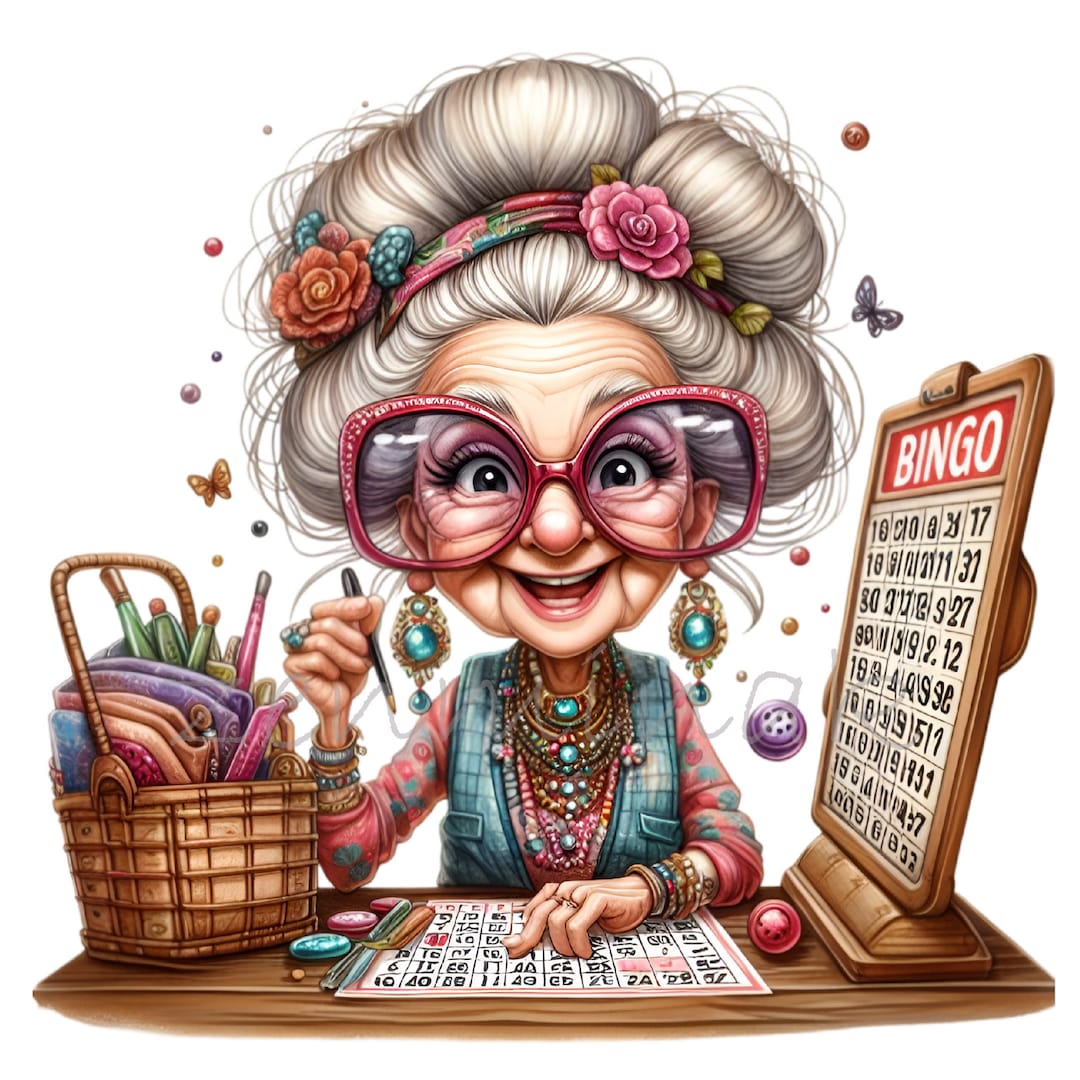 Senior Lady Playing Bingo 12 PNG Funny Comics Cartoon Illustration ...