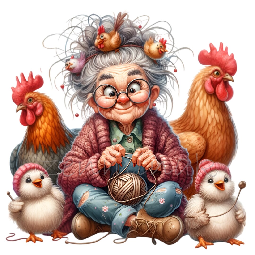 Grandma Knitting Crochet With Chickens Funny Senior Lady Clipart 12 PNG ...