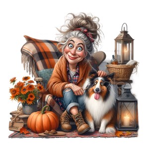 10 Autumn Grandma Clipart PNG Smiling Elderly Lady With Dog Pumpkins ...