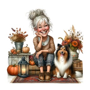 10 Autumn Grandma Clipart PNG Smiling Elderly Lady With Dog Pumpkins ...