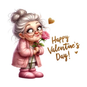 14 PNG Valentine’s Day Grandma Clipart – Funny Old Lady With Rose PNG ...