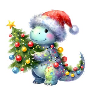 Cute Dinosaur Christmas PNG, 17 Dino Holding Christmas Tree, Watercolor ...