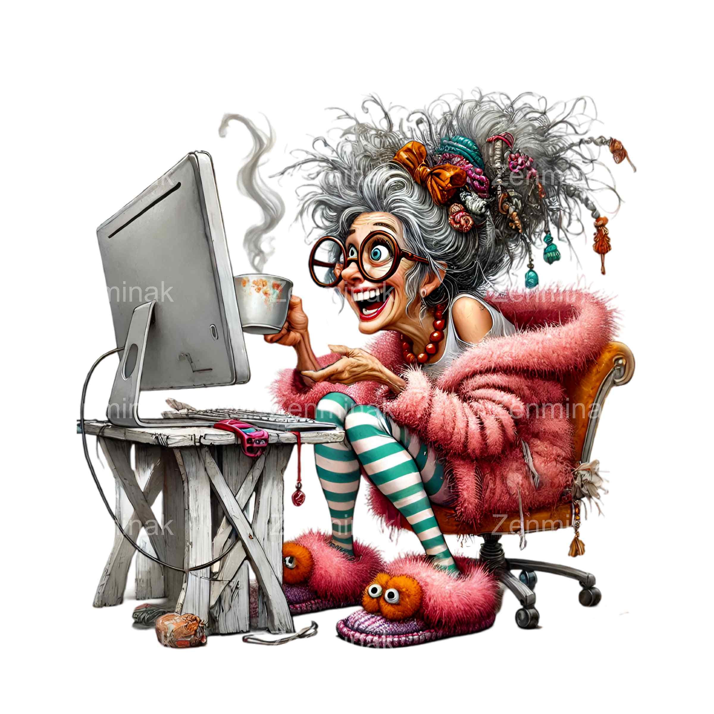 15 Funny Granny Working at Computer PNG, Cartoon Elderly Woman Clipart, Whimsical Tech Granny ...