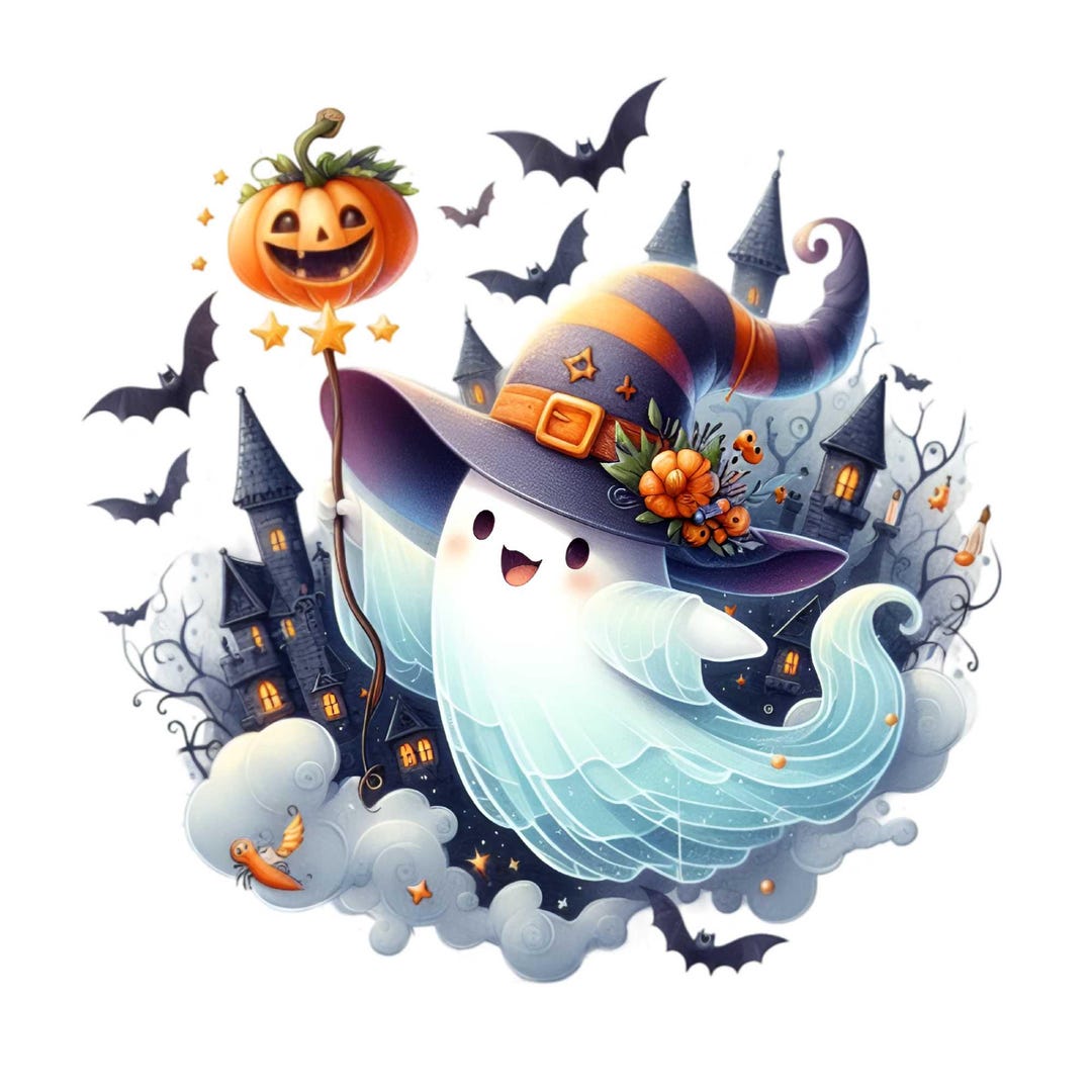 12 PNG Cute Halloween Ghost – PNG Clipart With Witch Hat and Pumpkin ...