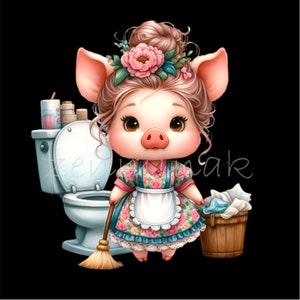 12 Pig Cleaning Bathroom Clip Art, Cute Animal in Floral Dress PNG ...