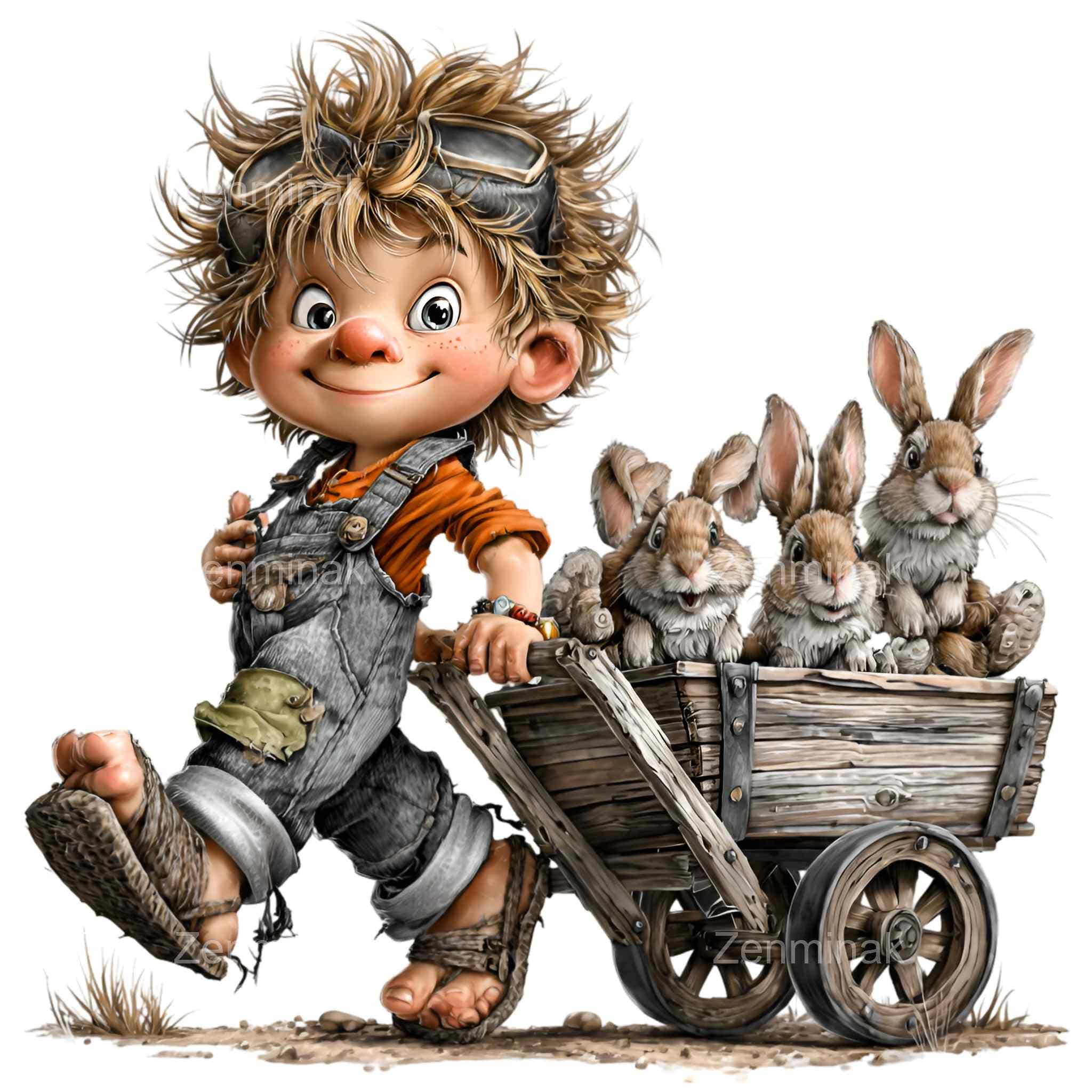 16 PNG Boy With Rabbits Clipart – Cartoon Farm Kid – Whimsical Child ...