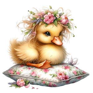 10 PNG Duckling Clipart PNG – Spring Flower Crown Duck on Pillow, Cute ...