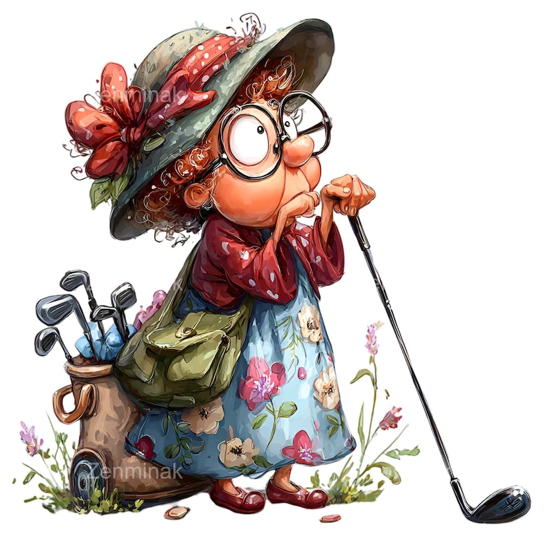 15 PNG Golf Grandma Clipart, Elderly Woman Golfer Illustration, Funny ...