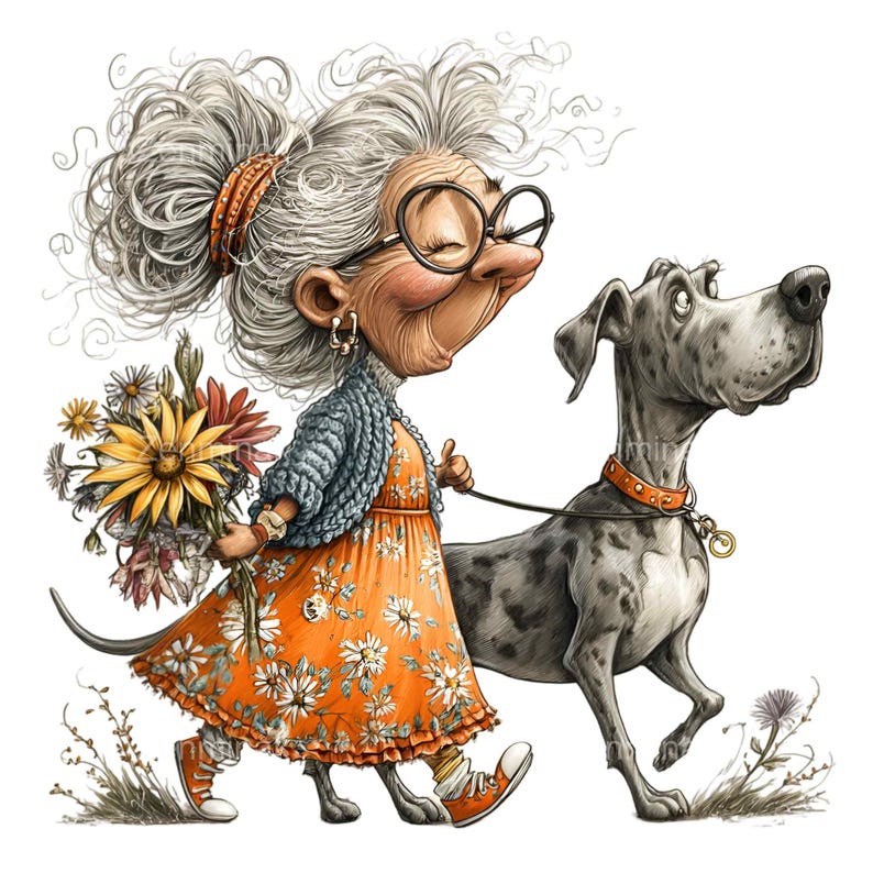 15 PNG Funny Dog Clipart – Whimsical Old Lady With Great Dane PNG for ...