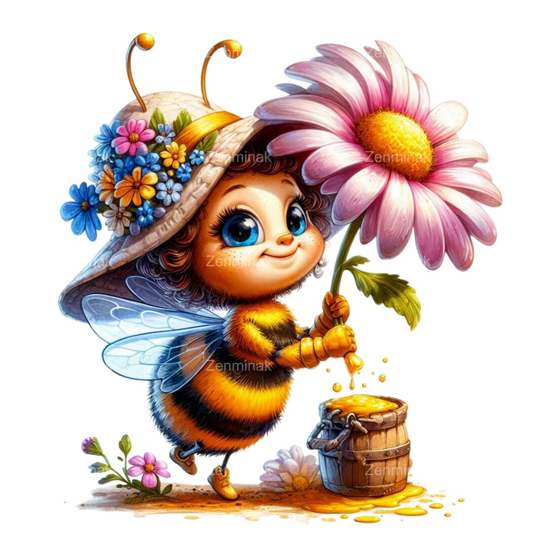 Cute Honey Bee With Flower PNG, 14 Adorable Bumblebee Watercolor Art ...