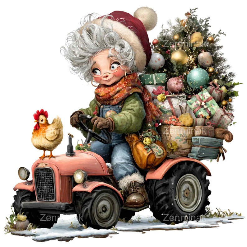 19 PNG Farmhouse Christmas Grandma on Tractor, Holiday Chicken Clipart ...