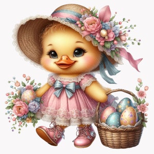 10 Easter Duckling Clip Art PNG - Adorable Chick in Floral Hat With ...
