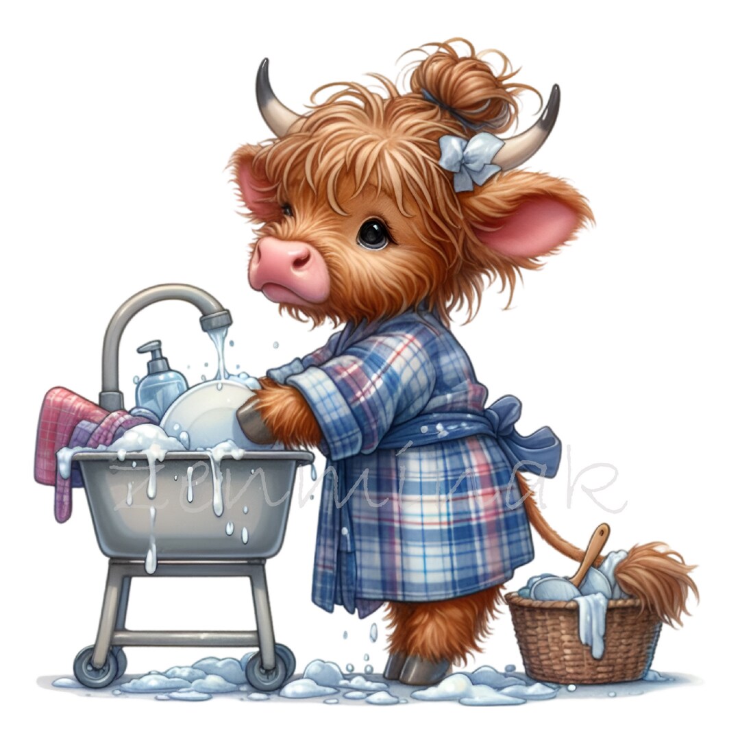 Cleaning Clip Art, Funny Cute Cow PNG, 12 Housewife Wash Dishes Clothes ...