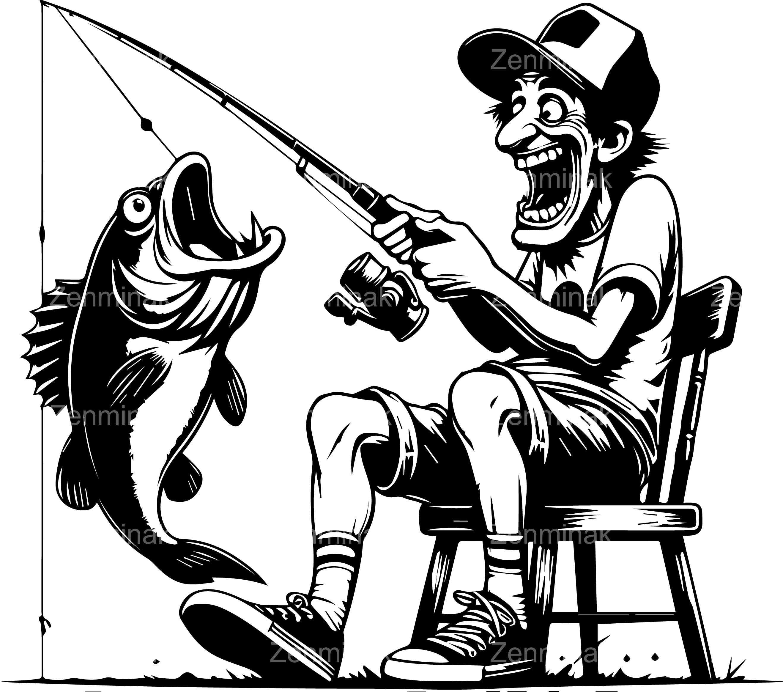 7 SVG Funny Fisherman SVG, Cartoon Man Yelling at Big Fish Catch in ...