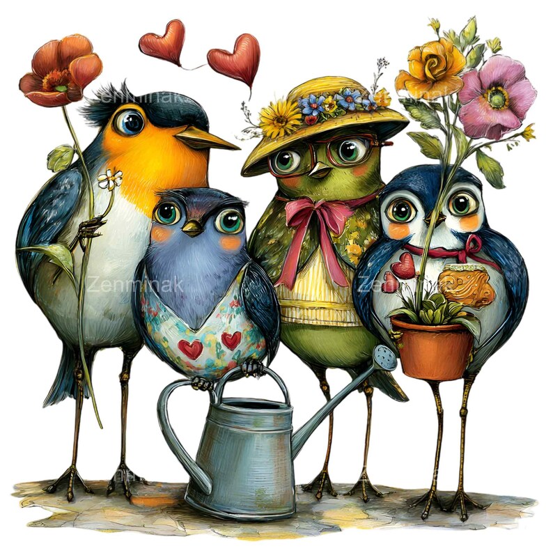 14 PNG Whimsical Garden Birds Clipart, Spring Floral Bird Friends ...