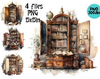 Watercolor Bookshelf Png - Etsy