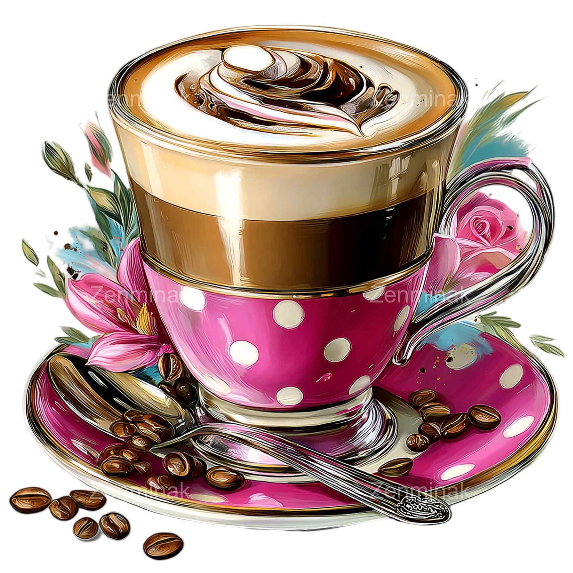 15 PNG Elegant Coffee Cup Clipart, Floral Latte Mug Polka Dot Cafe ...