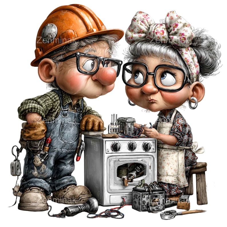 15 PNG Funny Repair Couple – Grandma & Grandpa Fixing Stove Clipart for ...
