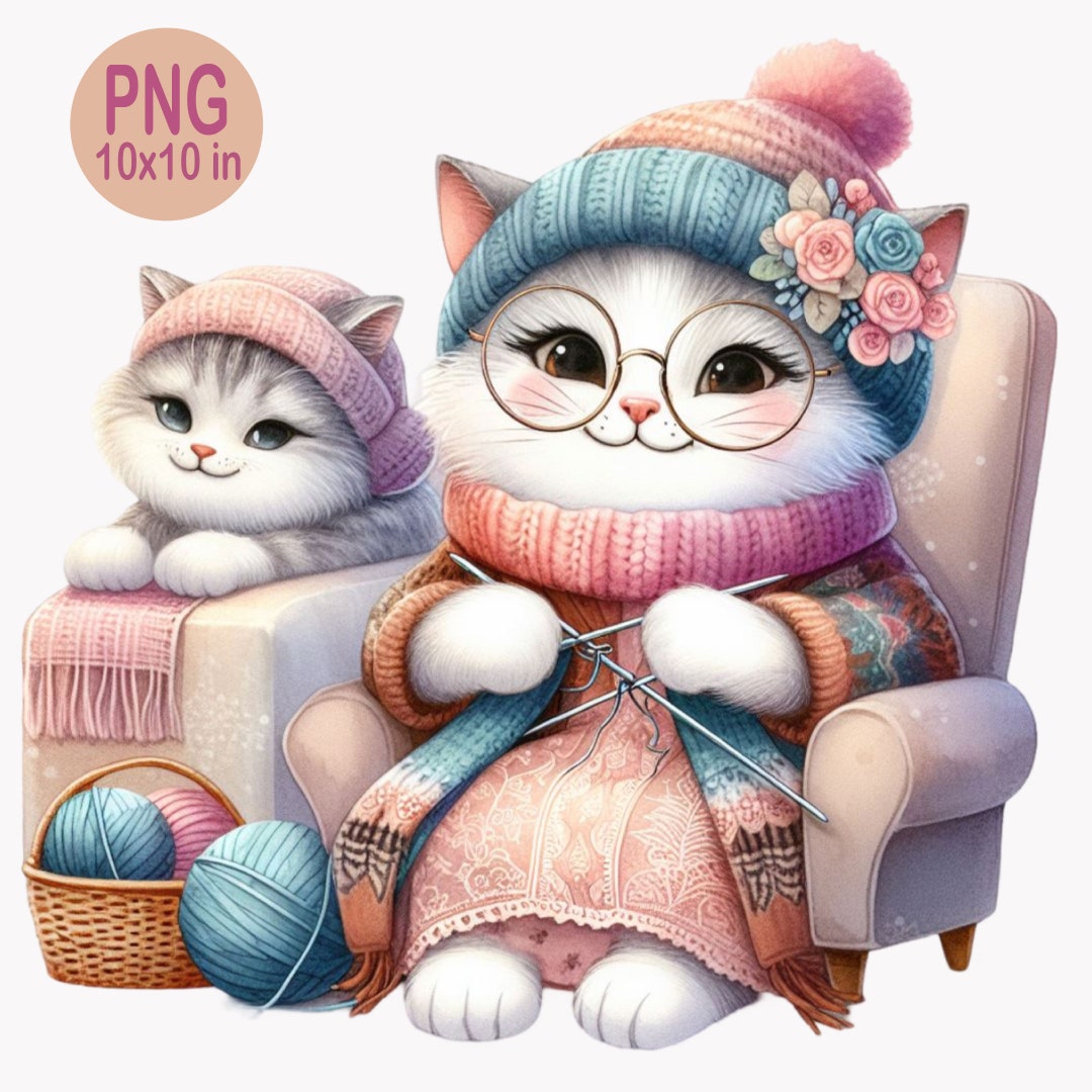 Watercolor Knitting Cat Clipart, Yarn Ball Illustration PNG, Kids ...