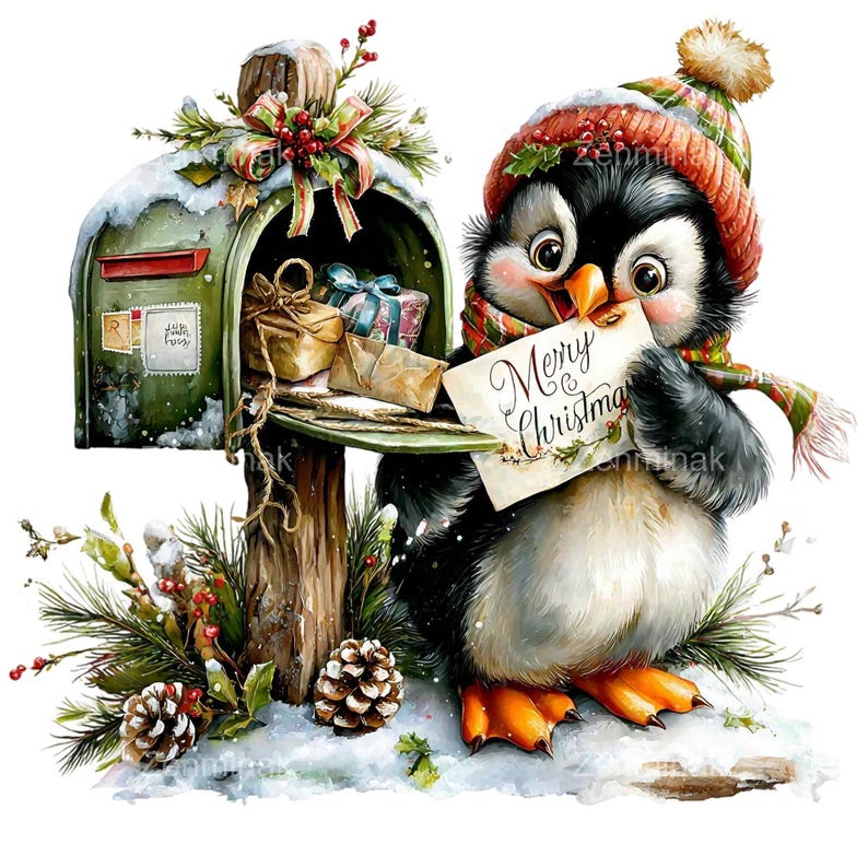 19 PNG Penguin Christmas Clipart – Cute Winter PNG With Mailbox and ...
