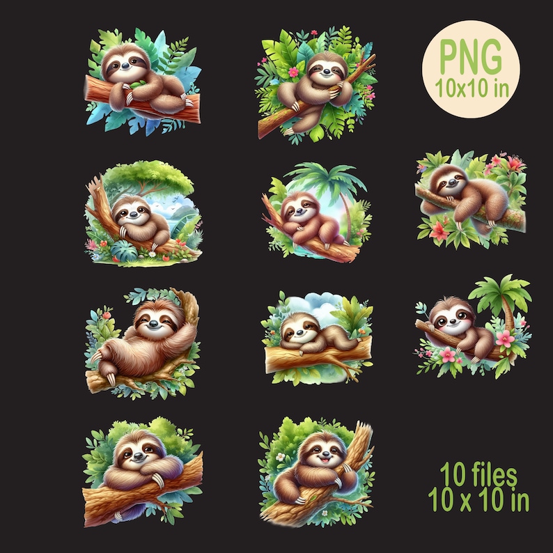 10 PNG Baby Sloth Clipart – Smiling Jungle Animal on Tree for Nursery ...