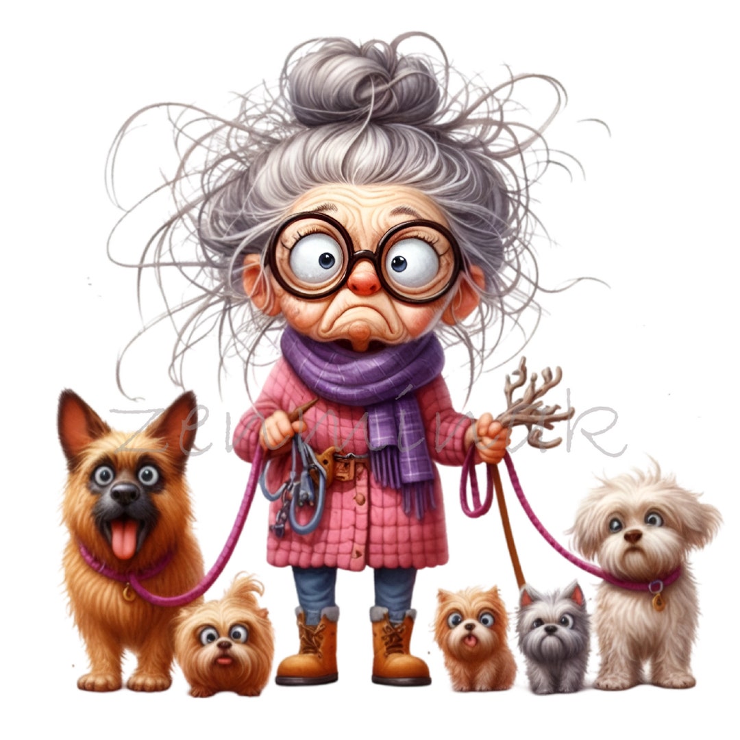 14 Funny Grandma With Dogs PNG Clipart, Silly Elderly Lady Walking ...