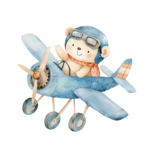 19 Watercolor Bear Pilot PNG in Blue Airplane Clip Art, Cute Aviation ...