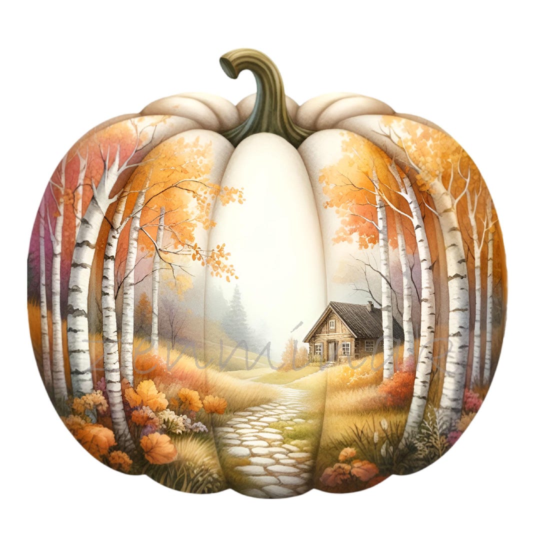 12 Pumpkin Autumn PNG Clipart With Forest Cabin Scene, Birch Trees ...