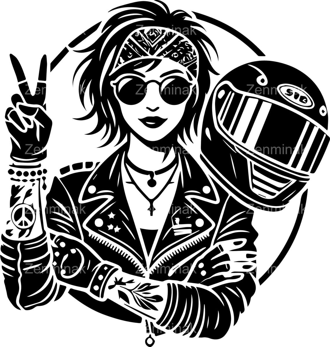 4 SVG Biker Woman SVG – Girl With Helmet, Peace Sign, Tattoo Sleeve ...