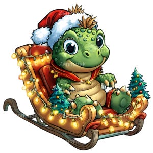 Christmas Dinosaur PNG Clipart 15 Adorable Dino in Santa Hat on Sleigh ...