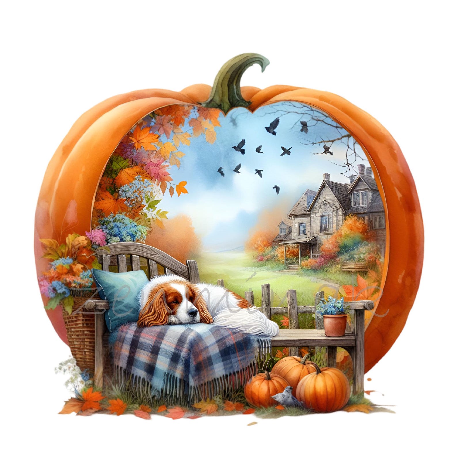 Autumn Dog Resting With Farmhouse and Pumpkins Clipart Springer Spaniel ...