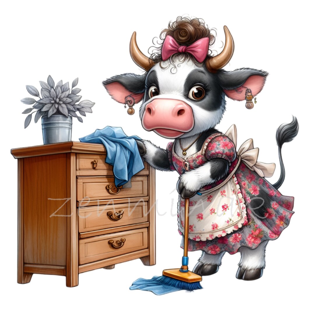 Cleaning Clip Art, Funny Cute Cow PNG, 12 Housewife Clipart, Clean ...
