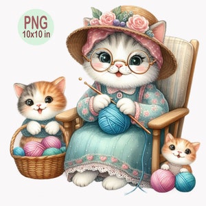 Watercolor Knitting Cat Clipart, Yarn Ball Illustration PNG, Kids ...