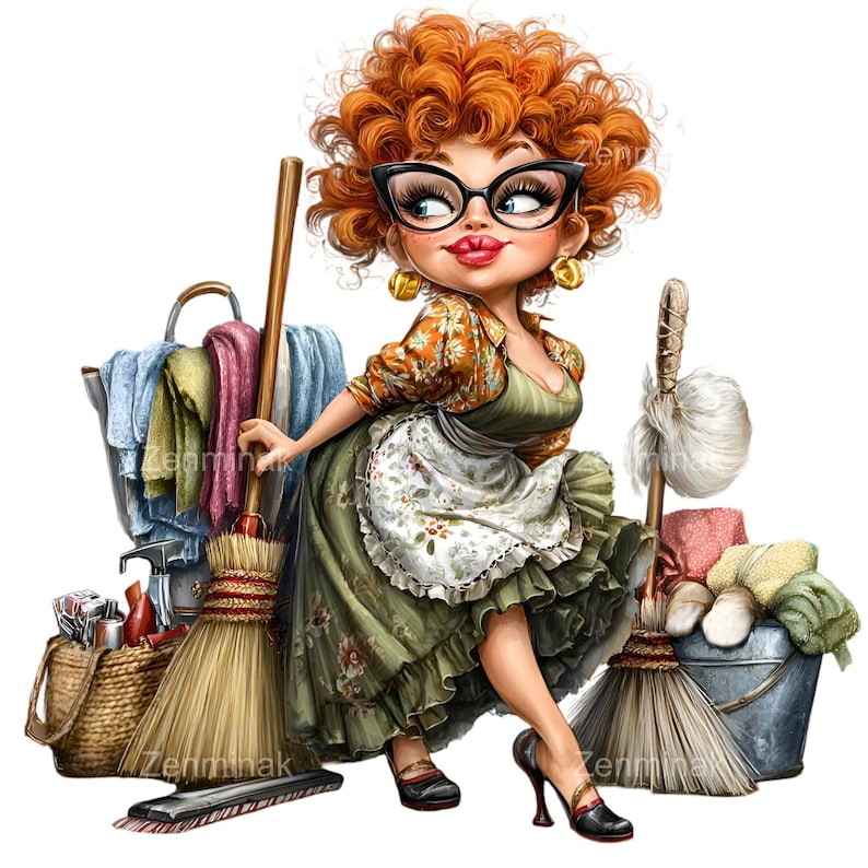 18 PNG Funny Retro Cleaning Lady Clipart – Vintage Housewife With Mop ...