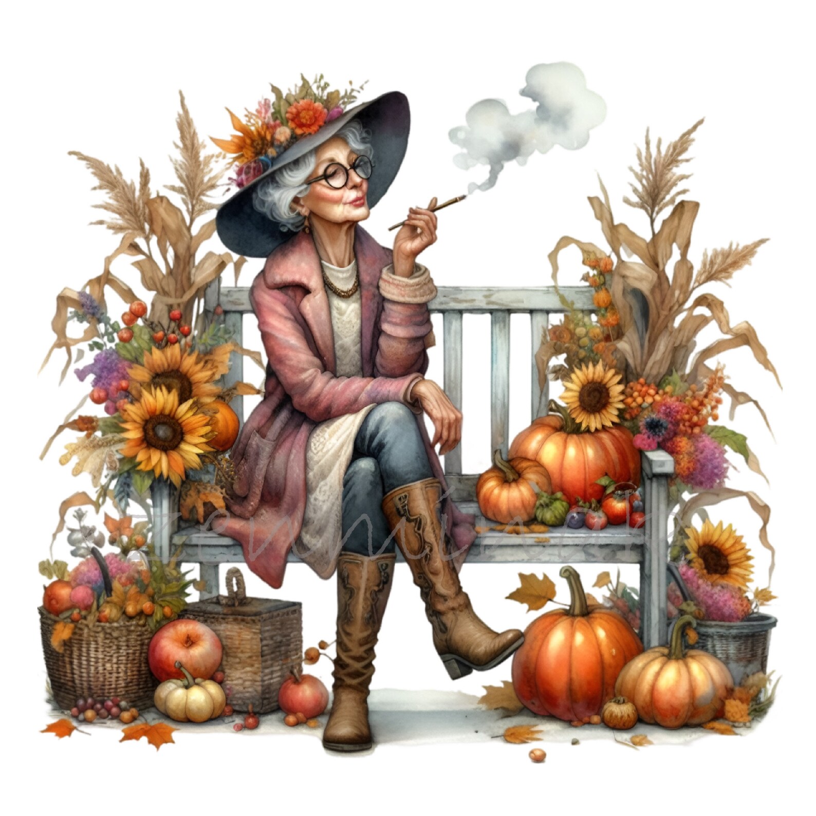 10 PNG Autumn Woman Fall Sublimation, Grandma Pumpkin Bench Clipart ...