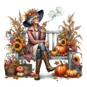 Autumn Lady With Pumpkins and Sunflowers Clipart 10 Digital PNG for ...