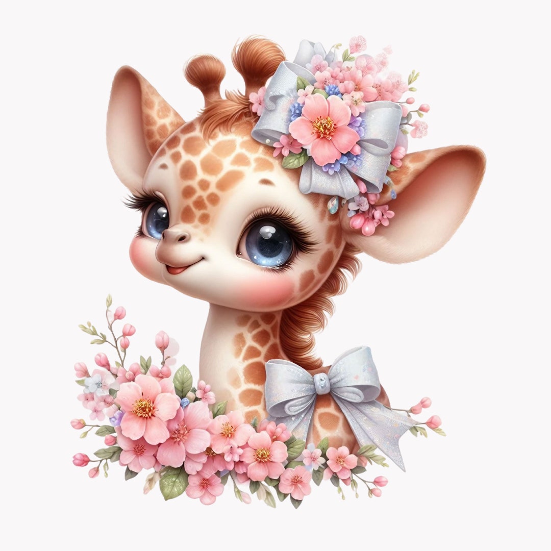 10 Cute Giraffe With Flowers PNG Clipart, Baby Safari Animal With Bows ...