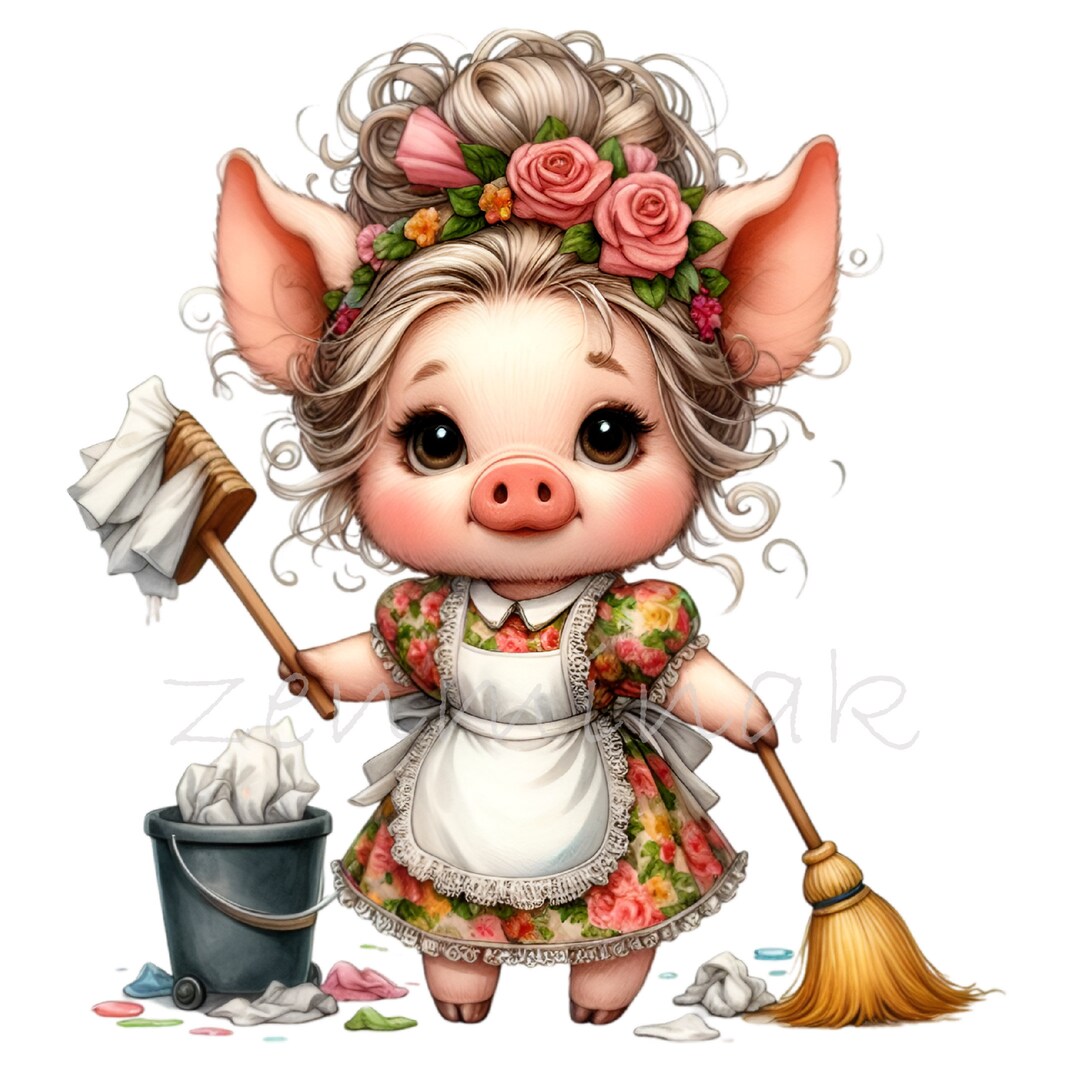15 PNG Cute Pig Maid Clipart PNG – Floral Dress, Broom, Mop, Vintage ...