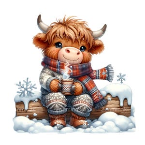 Winter Highland Cow Clipart PNG - 15 Cute Cow With Hot Cocoa, Festive ...
