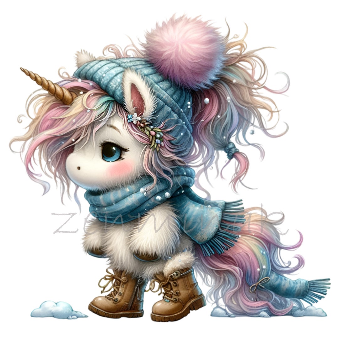 Winter Unicorn Clipart Cozy Unicorn Illustration 14 PNG Adorable Winter ...