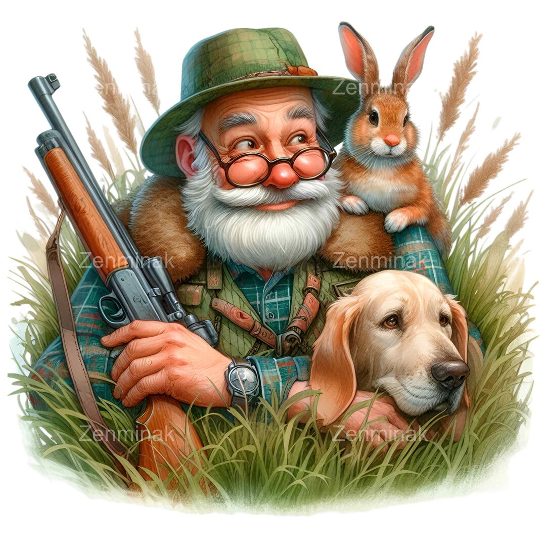 15 PNG Funny Hunter Clipart – Old Man With Dog and Bunny Illustration ...