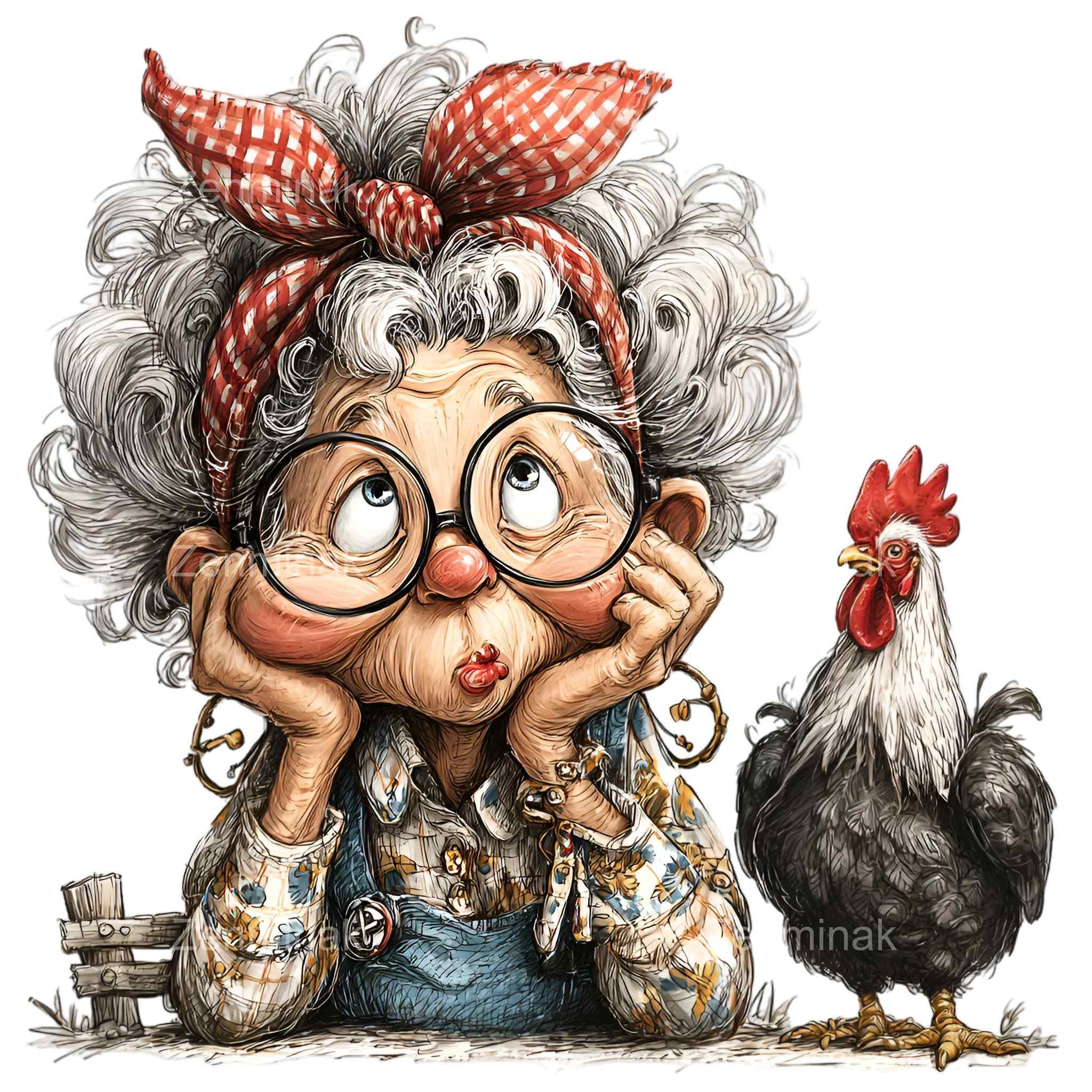 14 PNG Farm Chicken Clipart – Whimsical Old Lady With Hen PNG for ...